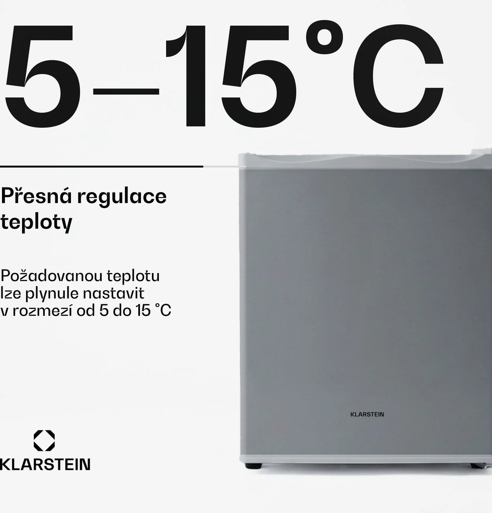 Klarstein Happy Hour 23, minibar, 23 l, 5-15 °C, energetická třída G, tichý, 25 dB, LED osvětlení, stříbrný