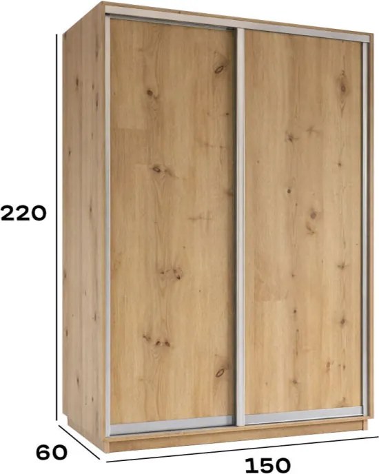 Skříň s posuvnými dveřmi 1500x2200x600 2LTD Dub Artisan, profil stříbrný