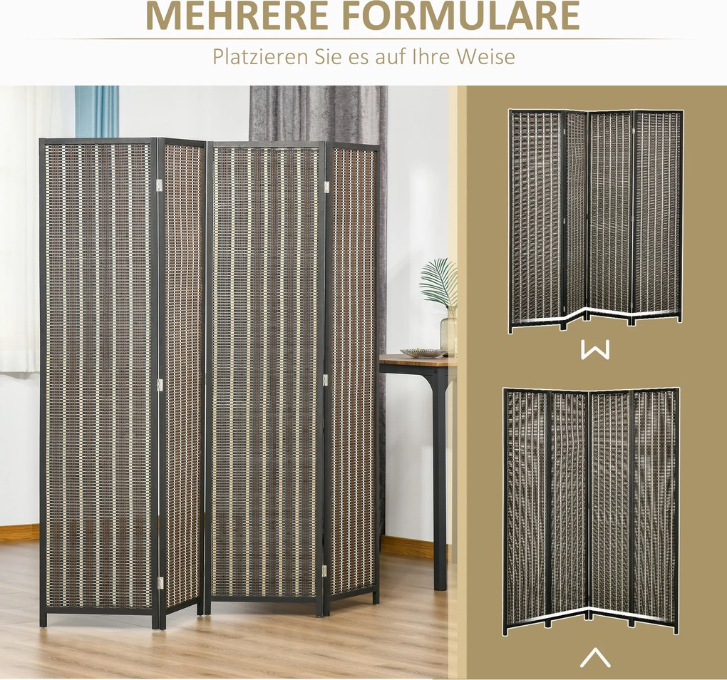 HOMCOM 4-panelový paraván 180 x 180 cm, bambusová zástěna, skládací, oddělovací stěna pro obývací pokoj, hnědá