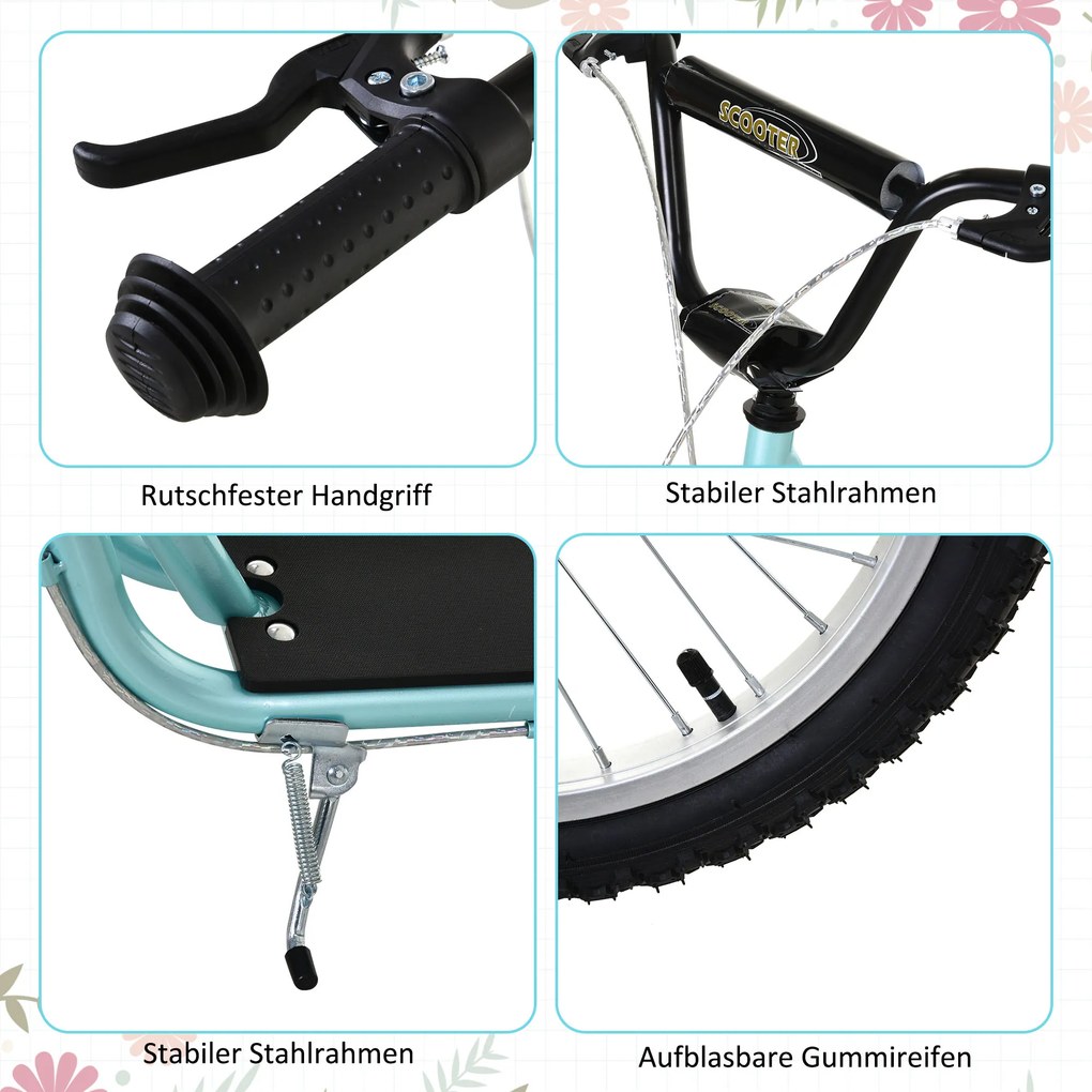 HOMCOM Dětská koloběžka Scooter Skládací koloběžka s pneumatikami a ruční brzdou, městská koloběžka, dobrodružství pro děti od 5 let, 16 palců
