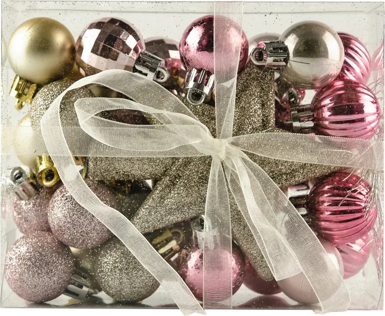 Sada vánočních ozdob růžová a stříbrná 3 cm, 1× glitter špice, plastové baňky IP44 venkovní, balení 29 ks