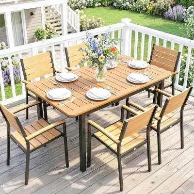 Outsunny zahradní stůl pro 6 osob, 127 x 70 cm, zahradní stůl s deskou z dřevoplastových lamel, kovový rám