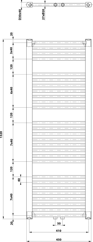 Aqualine Sapho, DIRECT otopné těleso se středovým připojením, 450x1320 mm, 594 W, bílá