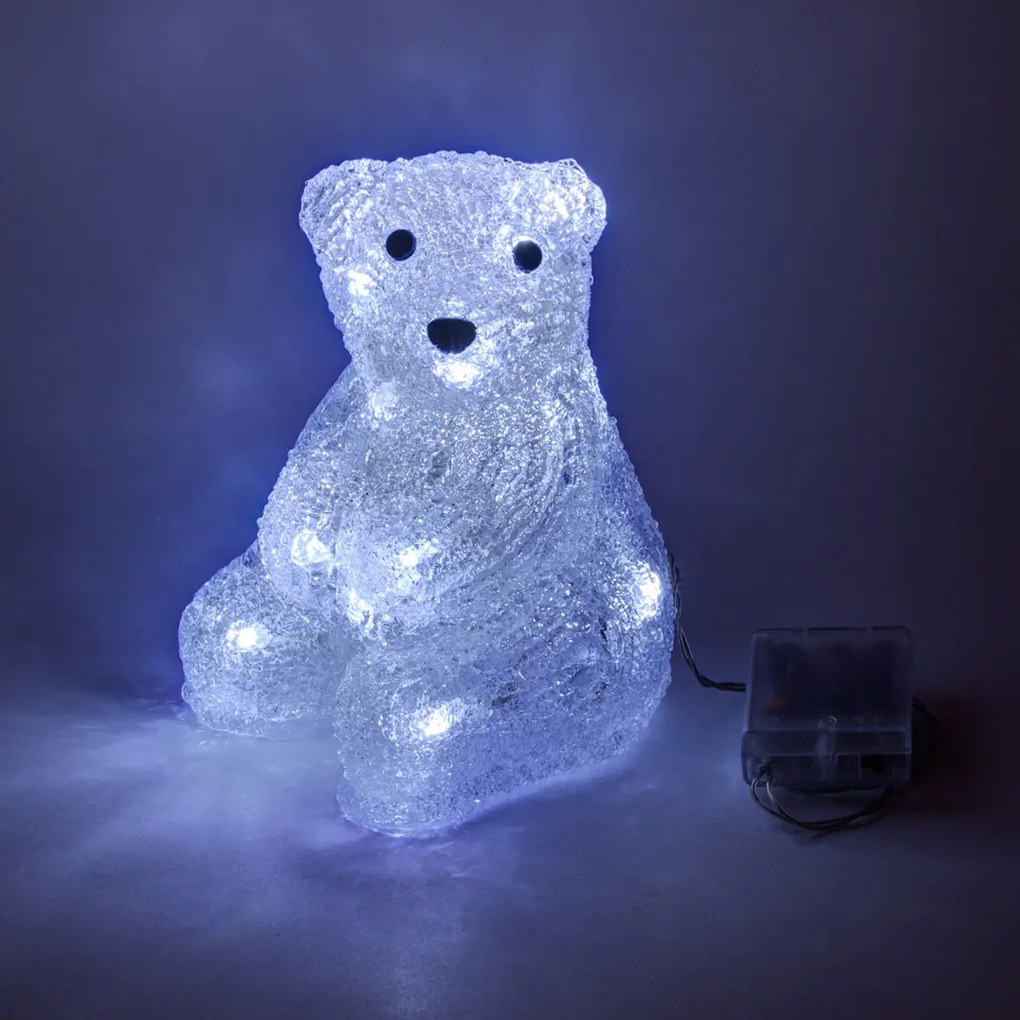 3D LED svítící medvěd sedící na baterie, 16 diod, s časovačem, 18 × 13 cm, ledově bílá, hliník, IP44 venkovní