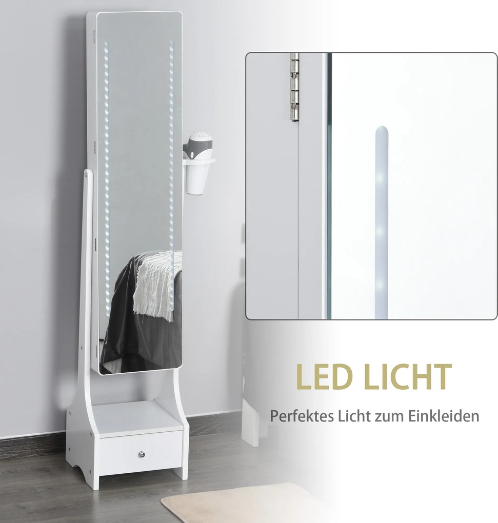 HOMCOM LED šperkovnice 2 v 1, šperkový regál se zrcadlovou skříňkou a zásuvkou, MDF, bílá, 37 x 30 x 158 cm