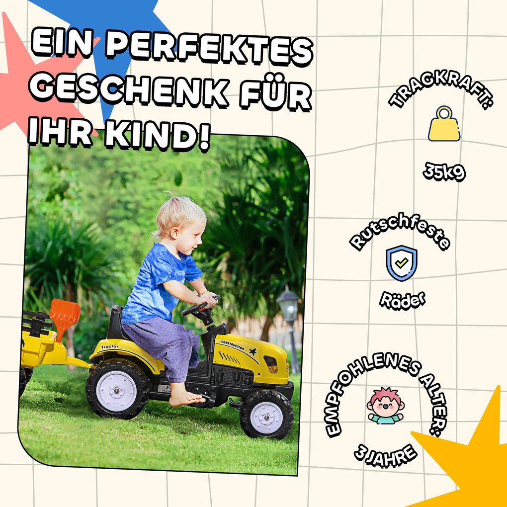 HOMCOM Pedálový Traktor s Přívěsem - Pedálové Auto pro Děti od 3 Let do Zahrady, Železný Žlutý 133 x 42 x 51 cm