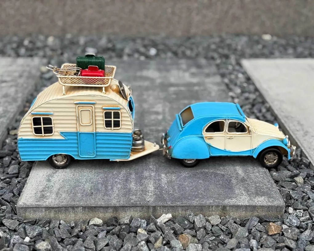 Kovový model - Retro auto 2CV s karavanem