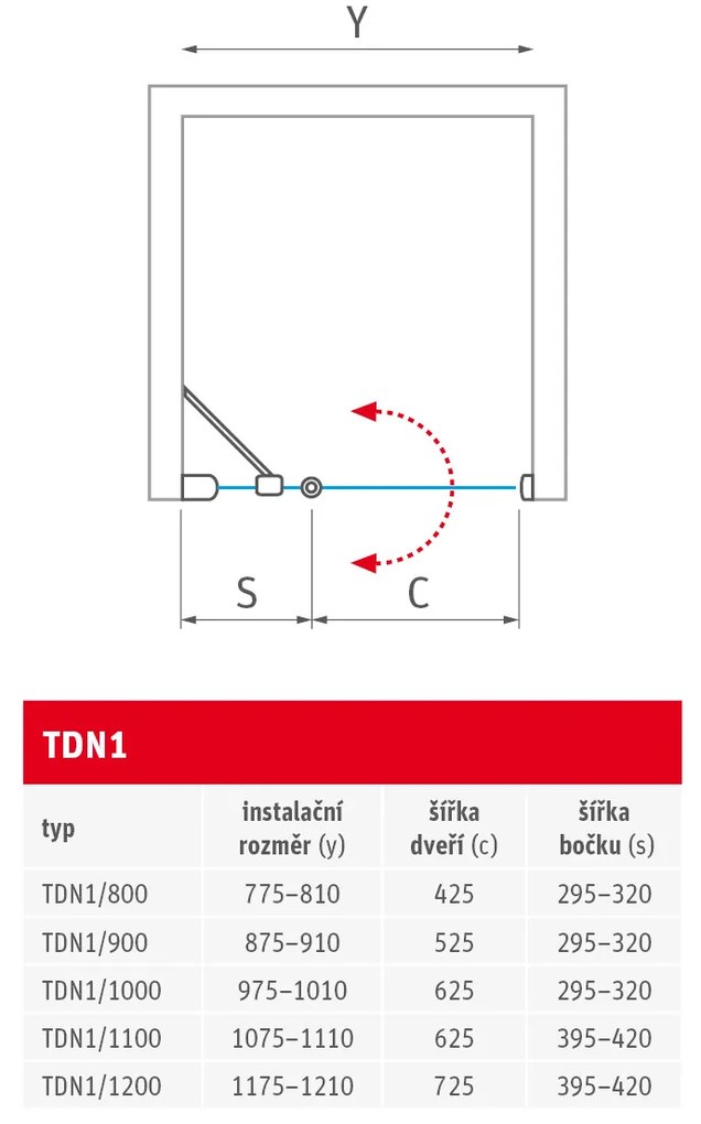 Jednokřídlé sprchové dveře pro instalaci do niky TDN1 2019 mm 295–320 525 875–910 Transparent S Stříbro TDN1/900 726-9000000-01-02