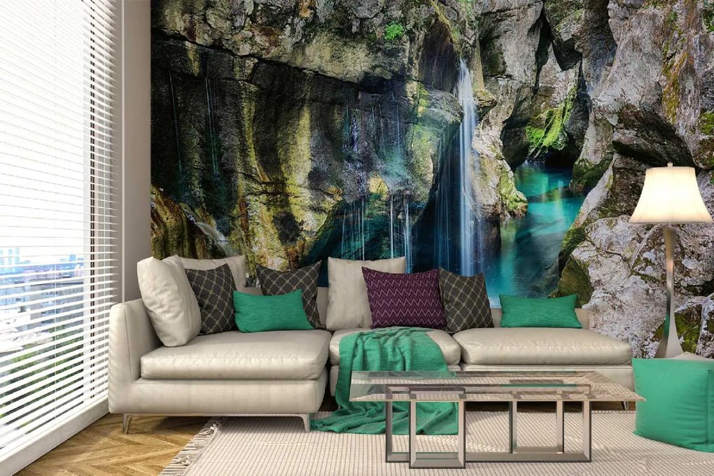 DIMEX | Samolepicí vliesová fototapeta na zeď Vodopád ve Slovinsku MA-5-3167 | 375 x 250 cm | zelená, modrá, šedá