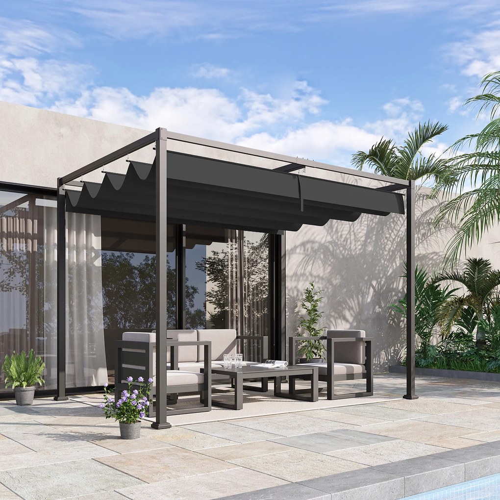 Outsunny pergola altán zastřešení terasy s posuvnou střechou 298x213x221cm polyester černá šedá pro zahradu a terasu |