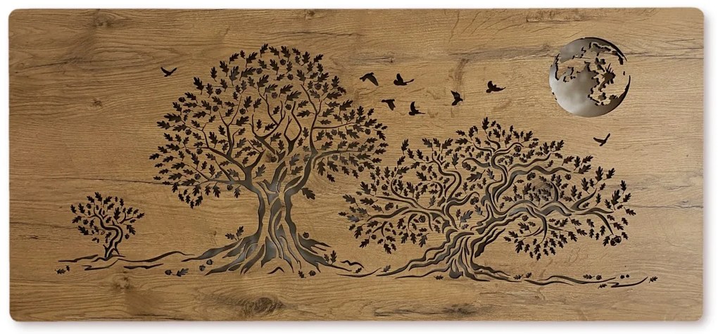 Li-Go "Tři duby a měsíc" světelný obraz s baterií 110x50cm varianta ovládání: manuál/pohybové čidlo, provedení povrchu: černá s patinou