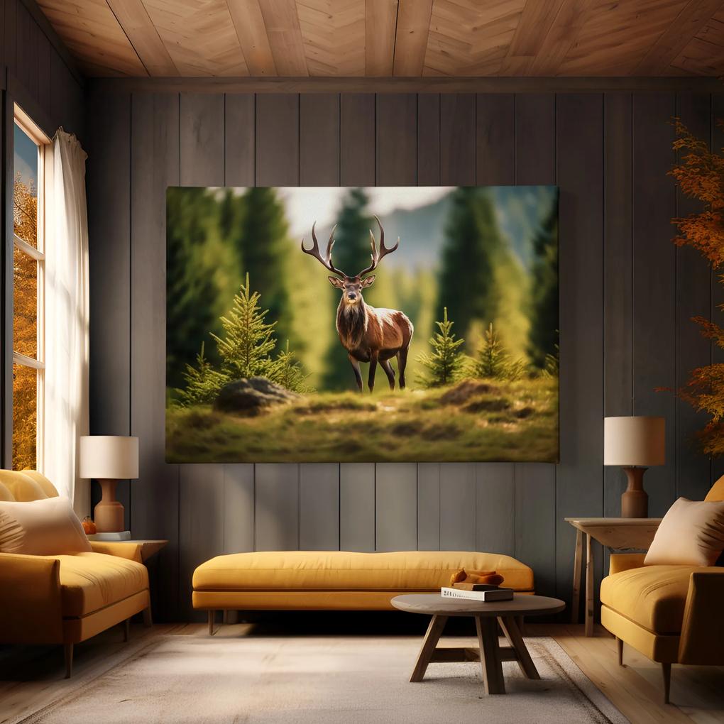 Obraz na plátně - Majestátní jelen mezi malými smrčky FeelHappy.cz Velikost obrazu: 150 x 100 cm