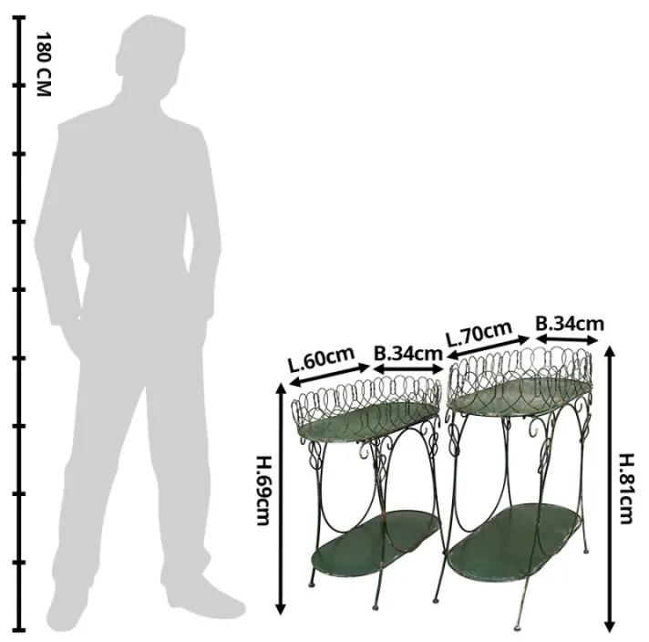 2ks šedo-zelený kovový stůl na rostliny – 70x34x81 cm