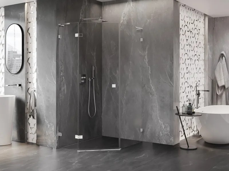Mexen Lunar, L pětiúhelníkový sprchový kout naklápěcí doleva 80 x 100 cm, 8mm čiré sklo, chromový profil, 831L-080L-100P-01-00-L