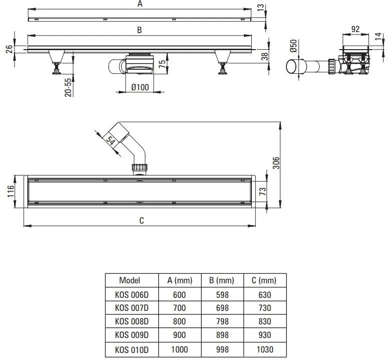 Deante Deante, nerezový lineární odtokový žlab s otočnou mřížkou (2v1) 60cm, sifon H65, černá, KOS_N06D