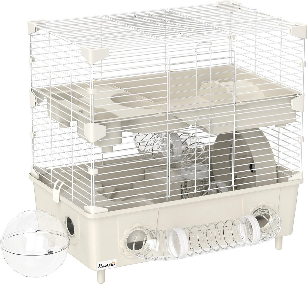 Kotec pro křečky PawHut se 2 patry a 3 dveřmi s kolem, podestýlkou a hracími trubicemi, ocel, PS a PP, 44,5x28x44 cm, krémový a bílý