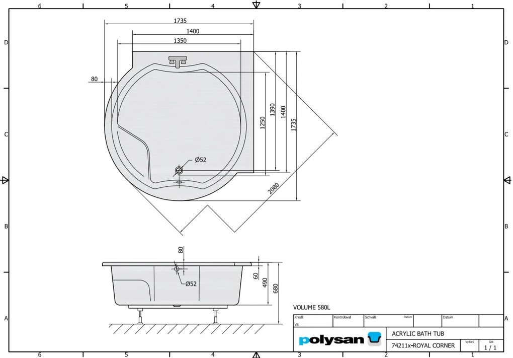 Polysan ROYAL CORNER kulatá vana s konstrukcí 173x173x49cm, bílá, 74211
