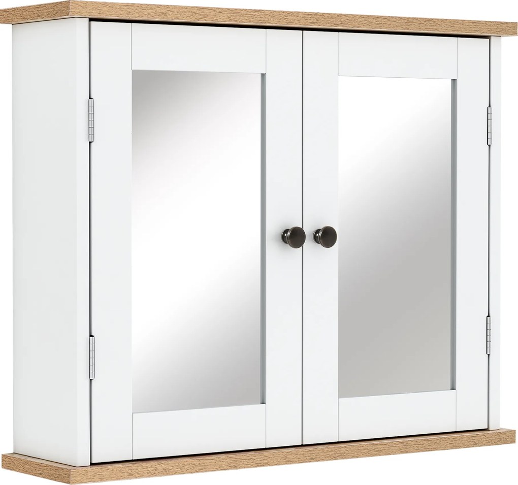 Nástěnný koupelnový kabinet kleankin se zrcadlem 2 úrovně s 1 nastavitelnou policí a 2 dřevěnými dveřmi - rozměr 56 š x 14 h x 46 v cm