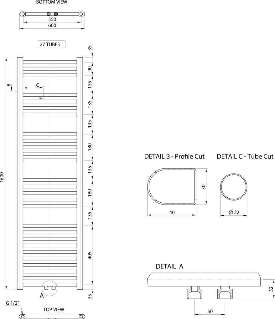 Aqualine ALYA otopné těleso rovné 600 x 1600 mm středové připojení chrom LLS305