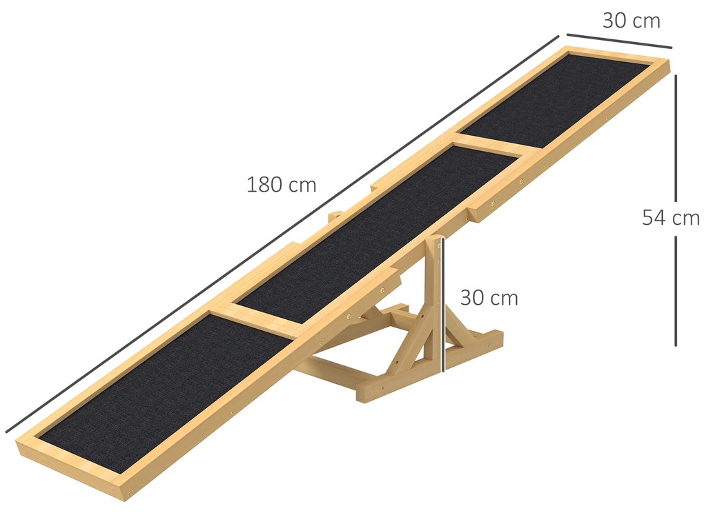 PawHut houpačka pro psy, dřevěná houpačka pro agility, protiskluzová rampa pro psy do 30 kg, pro rovnováhu, 180 x 30 cm Žlutá barva