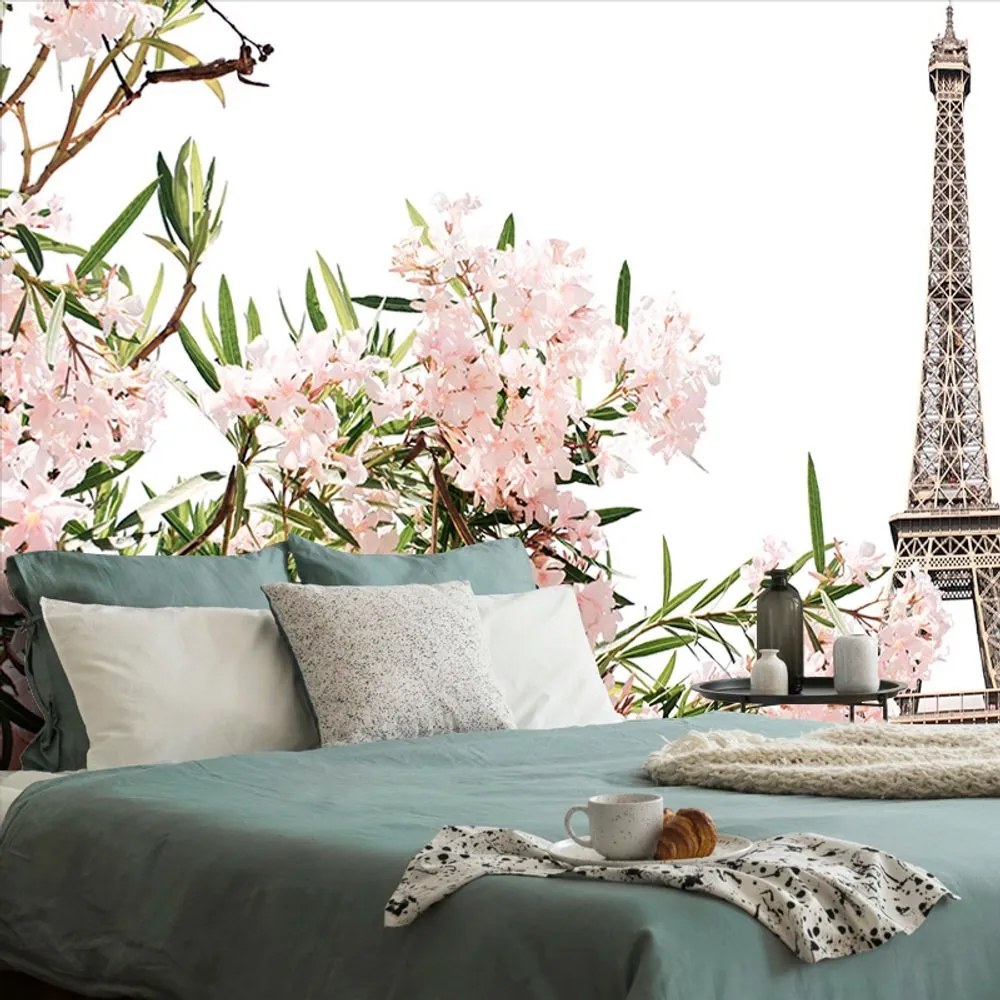 Fototapeta Eiffelova věž a růžové květiny - 225x150 cm
