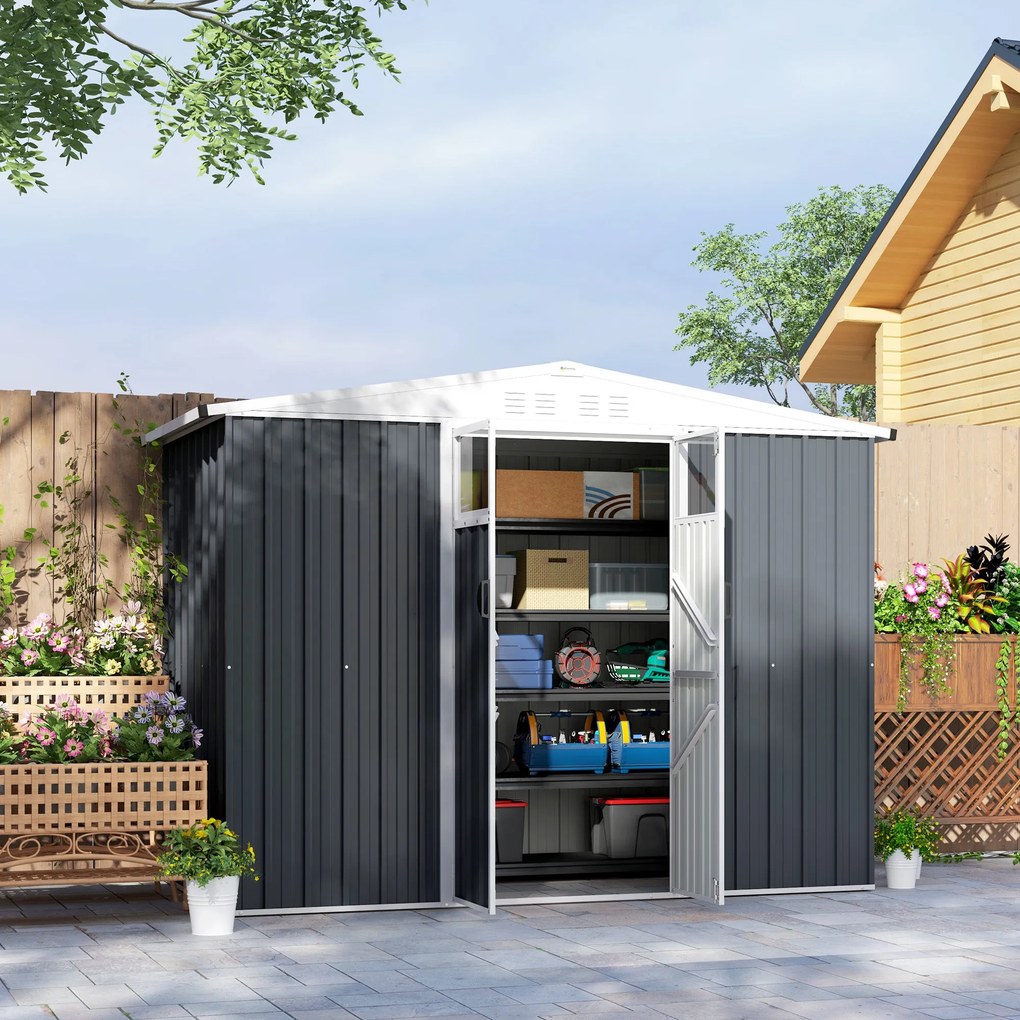 Kovová zahradní kůlna Outsunny 2,7 m² 246 x 117 x 180 cm Skladovací kůlna s oknem, 4 ventilačními otvory a zámkovými dveřmi, venkovní ocelová zahradn…