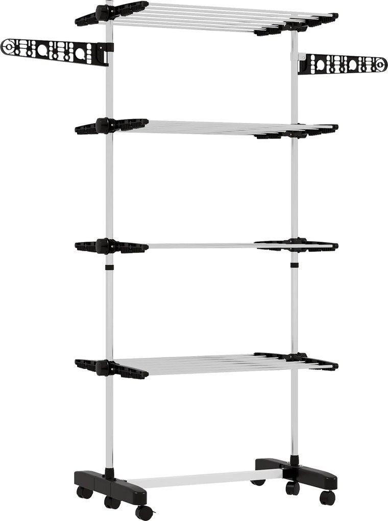 HOMCOM Sušák na prádlo Tower s 4 úrovněmi, skládací křídla, kolečka, stojan na sušení prádla pro vnitřní a venkovní použití, 142 x 55 x 172 cm, černý