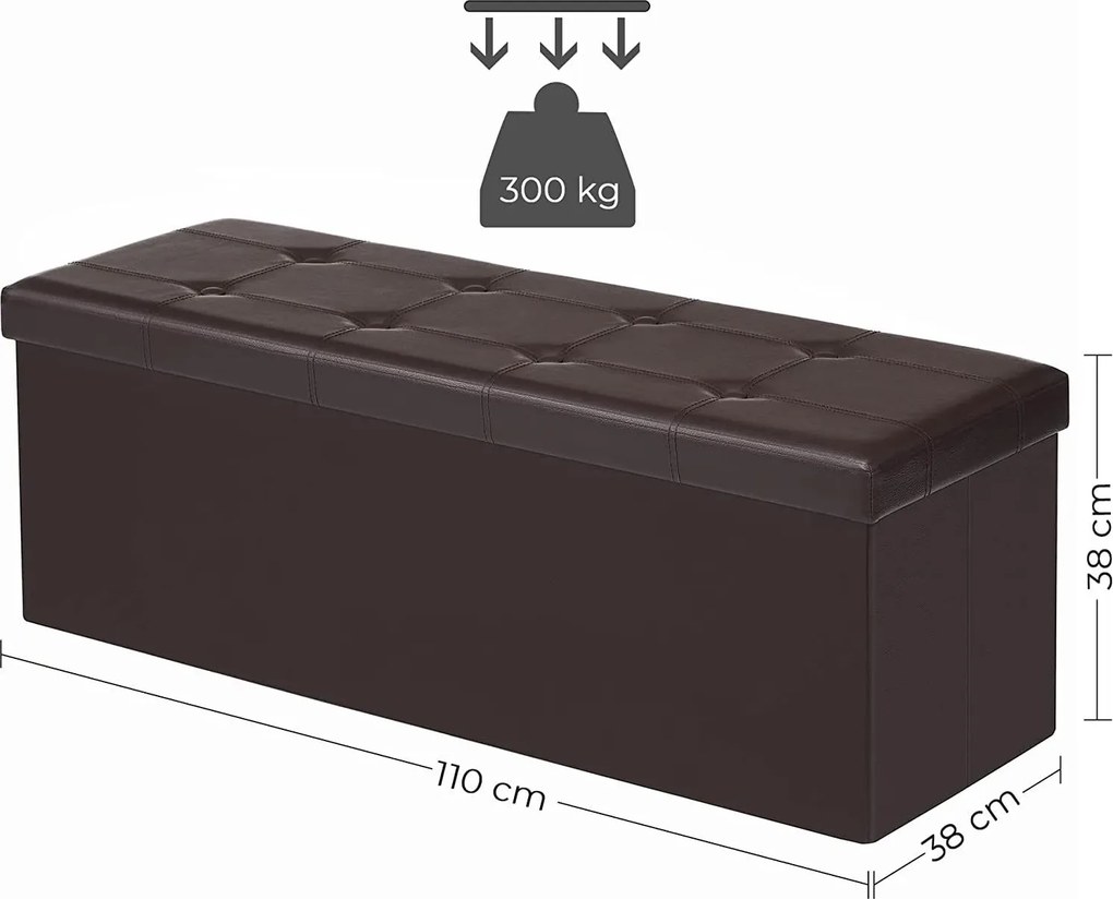 Puf, skládací úložná lavice otoman 120l, 110 x 38 x 38 cm, hnědý