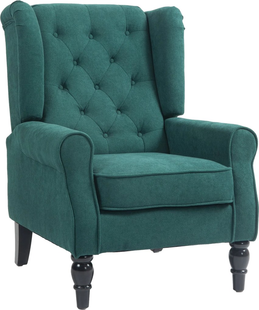 HOMCOM Křeslo do Obývacího Pokoje, Opěrka s Knoflíky a Dřevěné Nohy, Široké Sedadlo, Skvělý Komfort, Klasický Styl, 74 x 86 x 102 cm, Zelené | Aosom