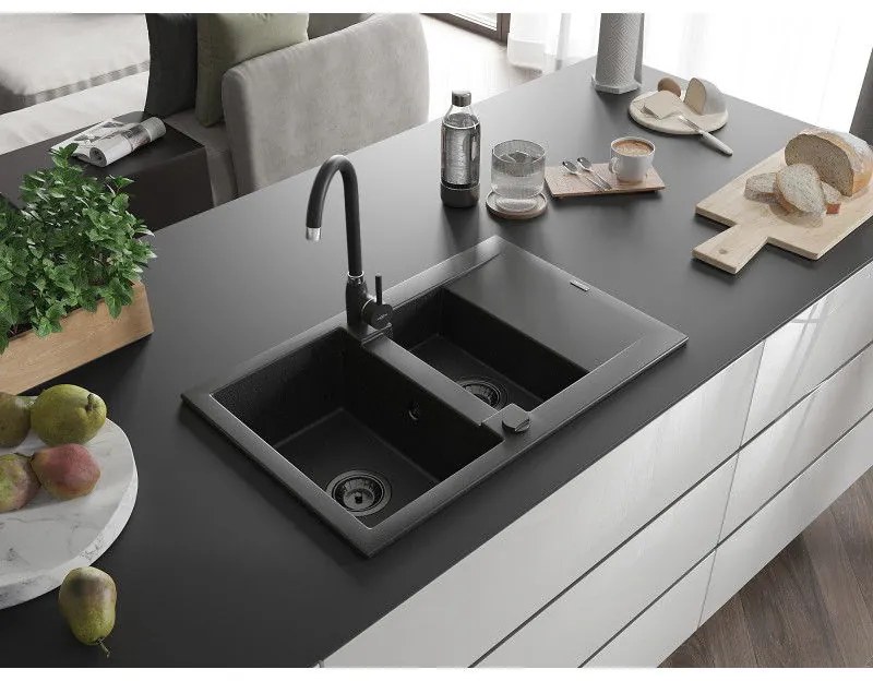 Mexen Gaspar, granitový dřez 737x475x177 mm, 1,5-komorový, černá-stříbrná metalíza s černým sifonem, 6507731505-73-B