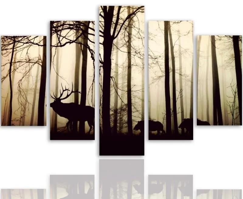 Obraz na plátně pětidílný Jelen v lese Fog Brown - 150x100 cm