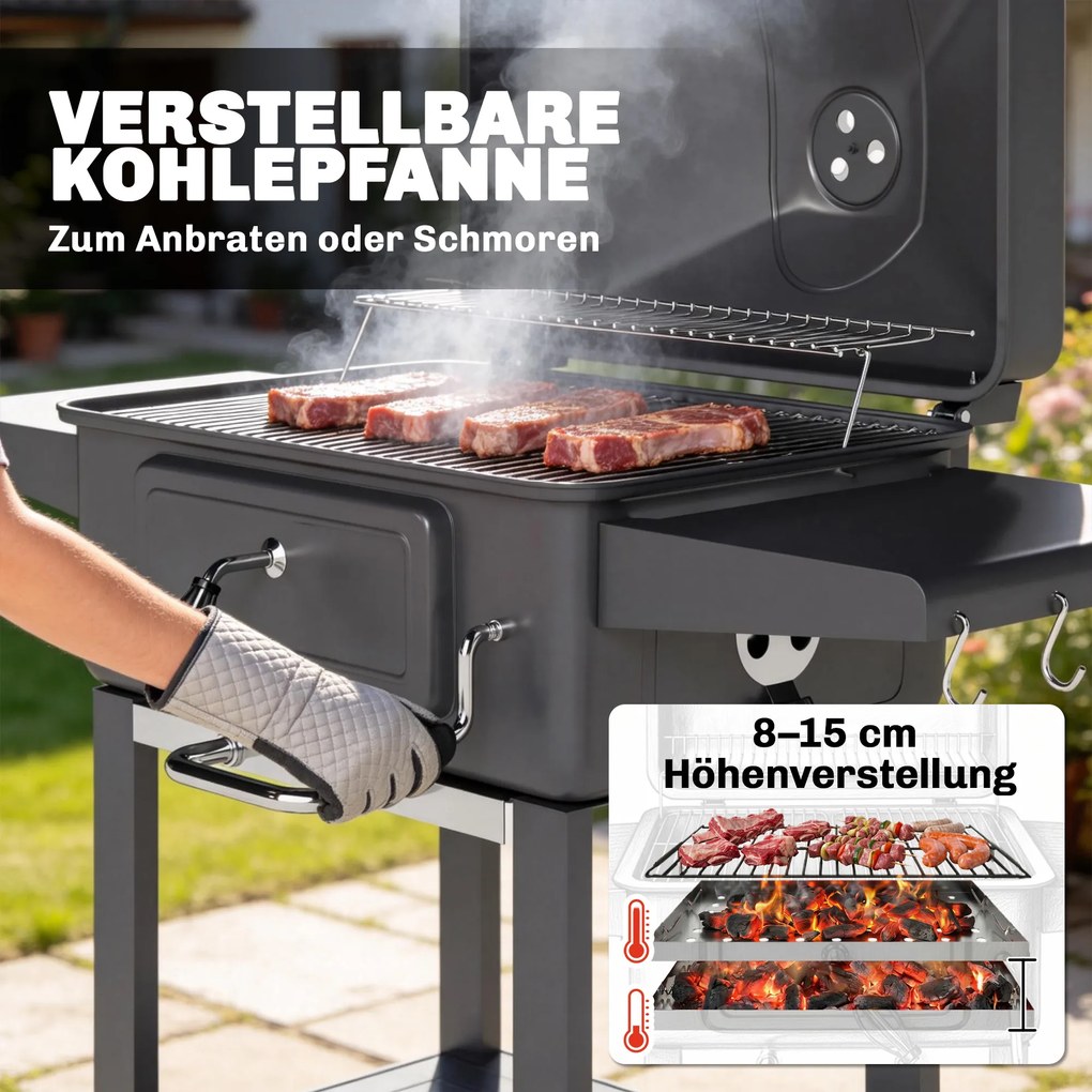 Gril na dřevěné uhlí BBQ udírna s víkem Teploměr Výškově nastavitelná pánev na dřevěné uhlí Grilovací rošt Boční stolek Popelník