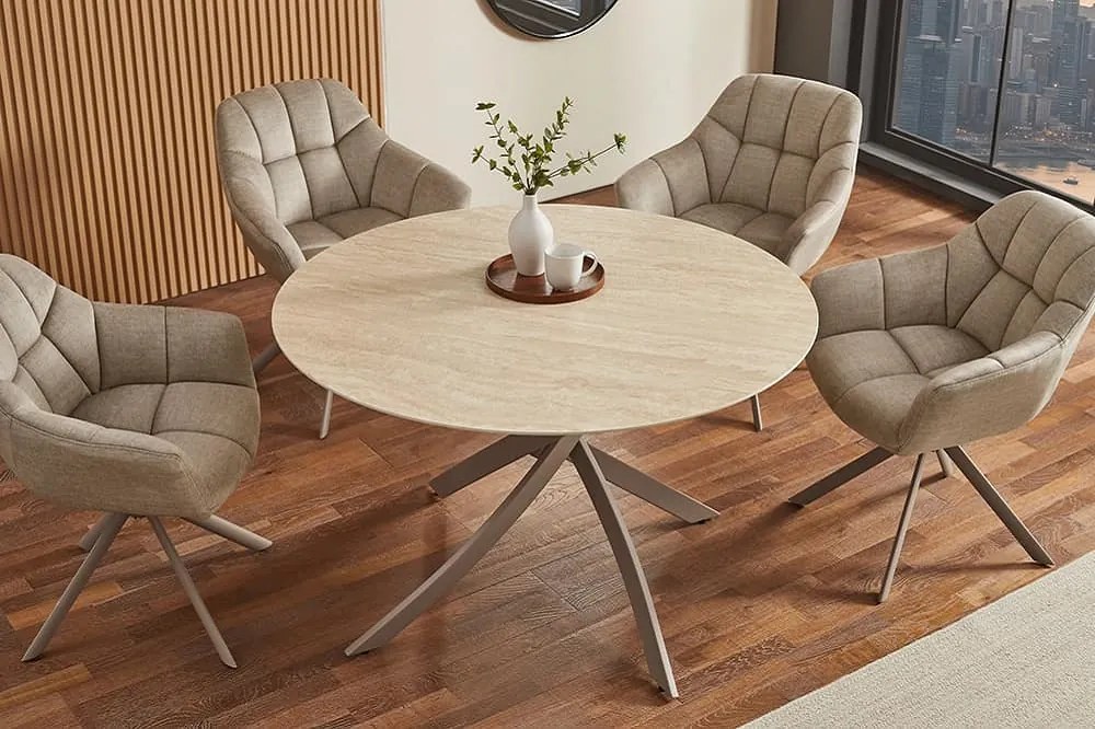 Kulatý jídelní keramický stůl Halia 120 cm travertin / šampaňský