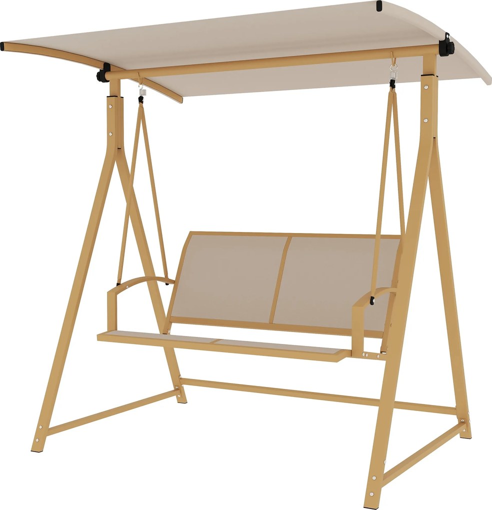 Outsunny 2-místná Zahradní Houpačka s Nastavitelnou Stříškou, UV Ochrana 30+, Trojúhelníkový Kovový Rám, Nosnost 220 kg, 160x112x162 cm Khaki | Aosom
