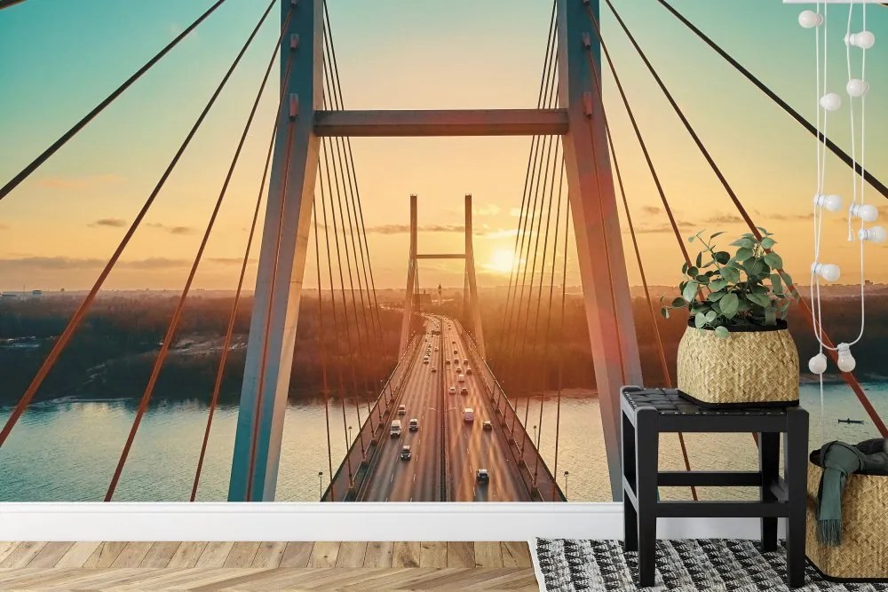 Fototapeta Beautiful Panoramic Aerial Drone View To Cable-Stayed Siekierkowski Bridge Over The Vistula River And Warsaw City Skyscrapers, Poland In Gold Red Autumn Colors In November Evening At Sunset Hladký vinyl 180x120