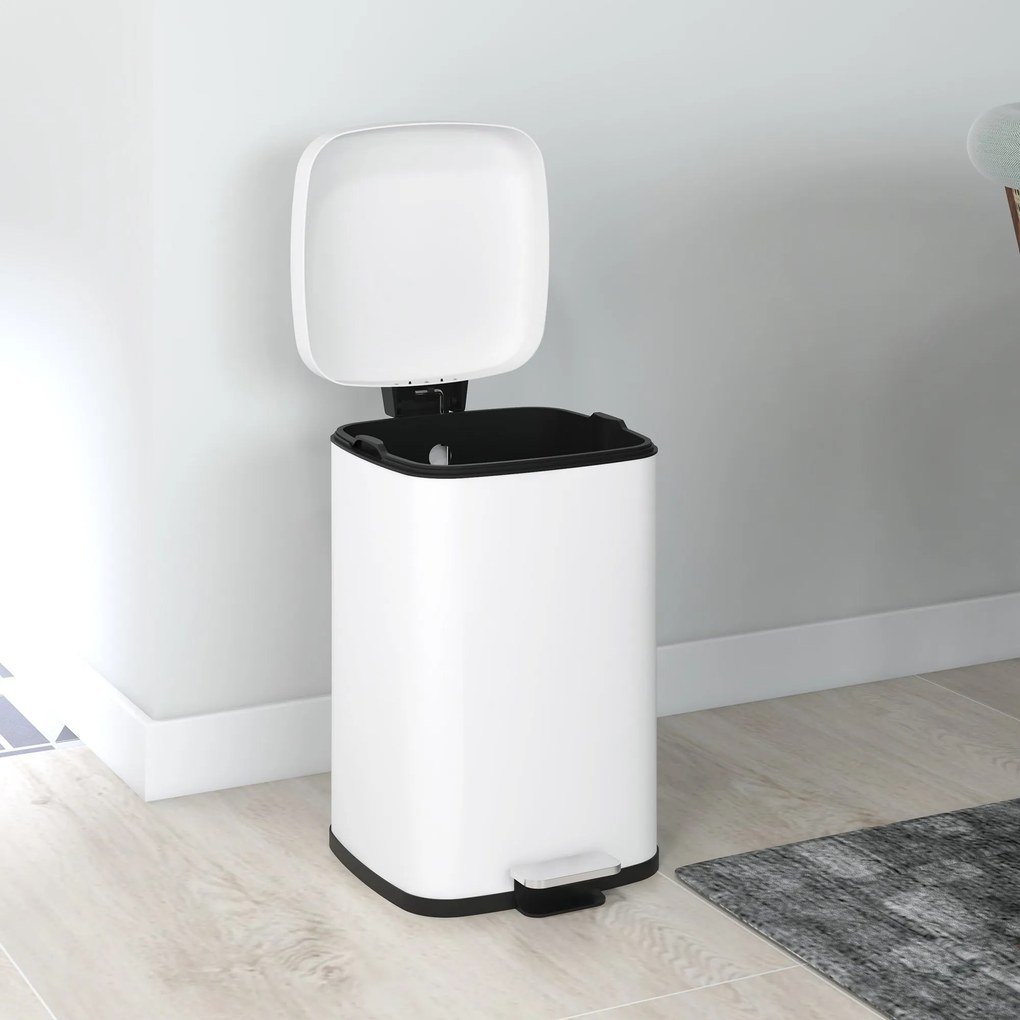 HOMCOM 20L Pěnový Odpadkový Koš z Nerezové Oceli s Tichým Víkem, Kompaktní, Odnímatelný Vnitřní Kbelík, 28L x 35Š x 45V cm, Bílý