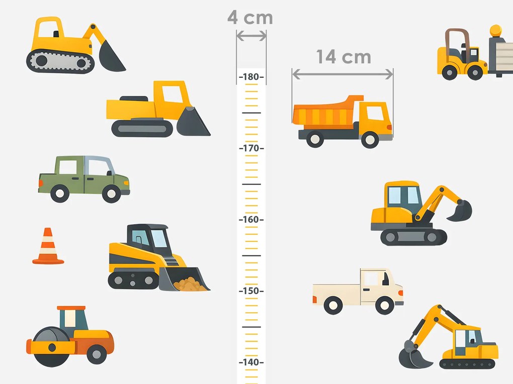 Metr a stavební autíčka textilní přelepitelné samolepky na zeď výška 180 cm
