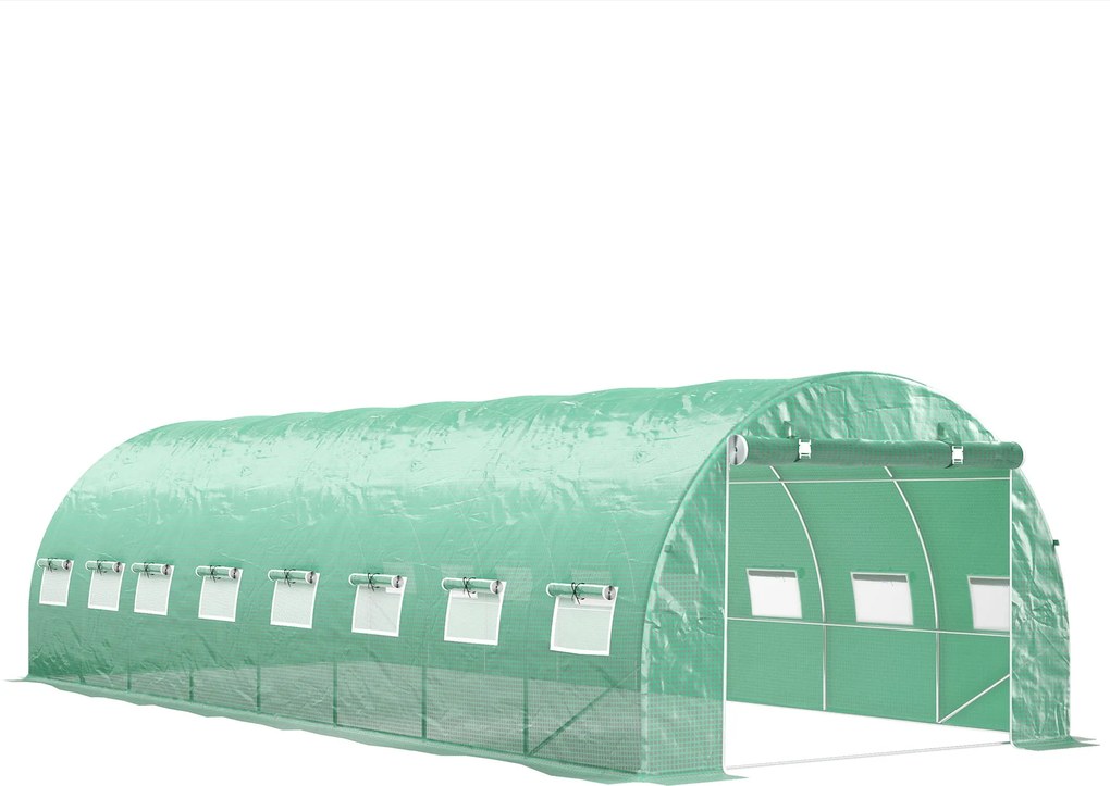 Zahradní tunelová skleník Outsunny 24m² 8L x 3W x 2H m - 16 oken, Rolovací zipová vrata - Pozinkovaná ocelová konstrukce, Vysoce hustý PE kryt | Aosom