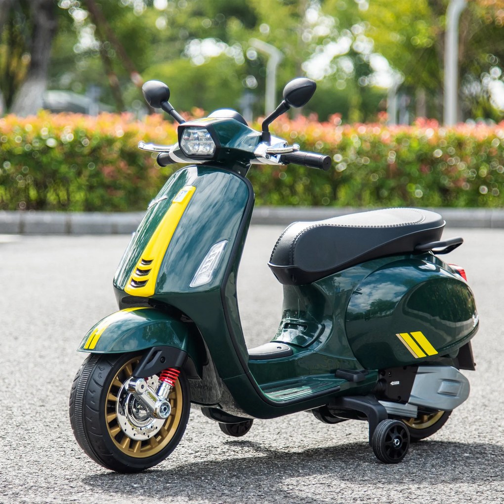 Dětská elektrická Vespa skůtr AIYAPLAY 6V – elektrická motorka pro děti 3-6 let, rozměry 107L x 47W x 73H cm, MP3 hudba, USB port, FM rádio, světlome…