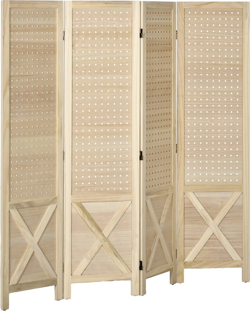 HOMCOM 4-panelový paraván 152x1,7x144,5 cm - skládací dělící stěna z dřeva s otvory k zavěšení pro kancelář, ložnici a obývací pokoj | Aosom