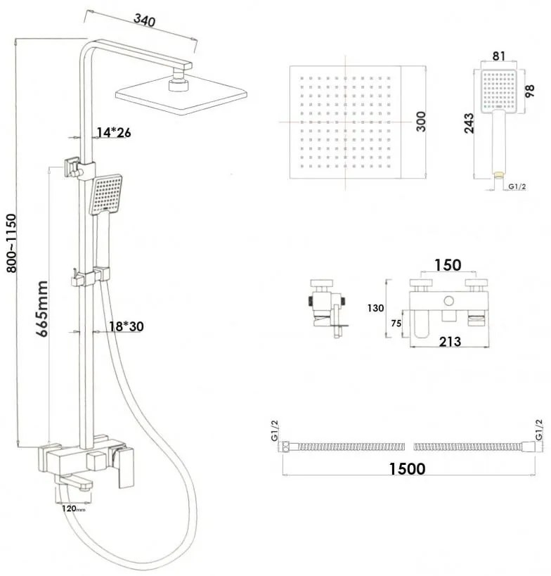 Sprchová souprava KABE s výtokem do vany - chromová - hlavice 30x30 cm