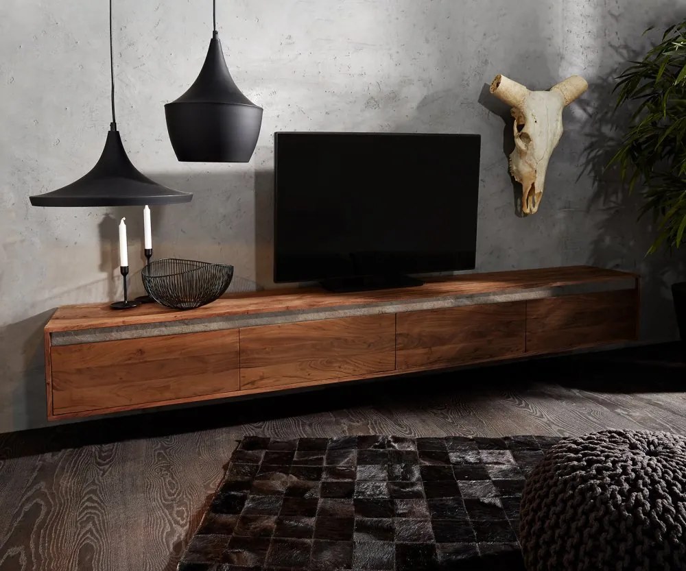 TV stolek Stonegrace 240 cm akácie hnědá břidlice 4 dvířka závěsné