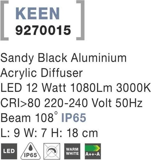 NV 9270015 Venkovní nástěnné svítidlo KEEN černý hliník akrylový difuzor LED 12W 3000K 220-240V 108st. IP65 - NOVA LUCE