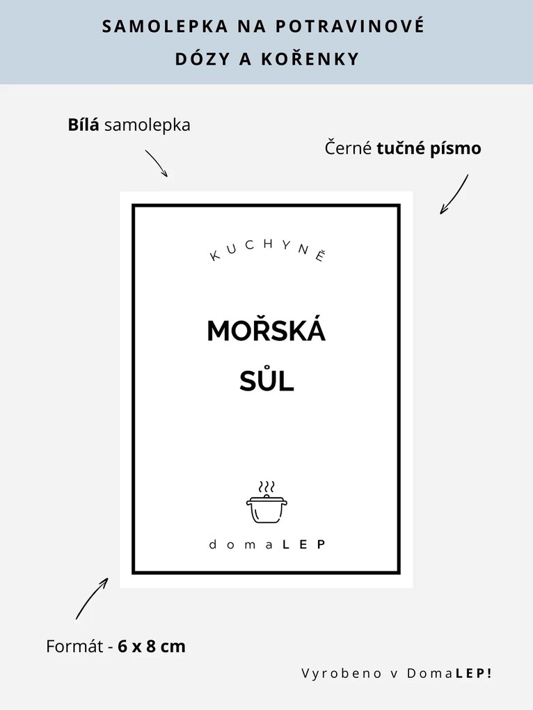 MOŘSKÁ SŮL – bílá samolepka na dózu, tučné písmo, 6 x 8 cm | DomaLEP