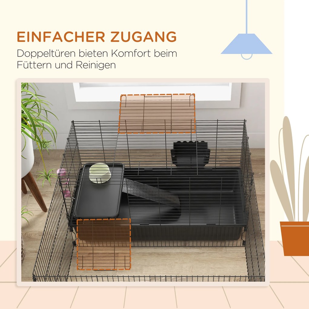 Bouda PawHut pro malá zvířata s výběhem, 112,5L x 99W x 54H cm, s lahví na vodu, krmítkem, miskou na krmení, pro malá zvířata, ocel, černá