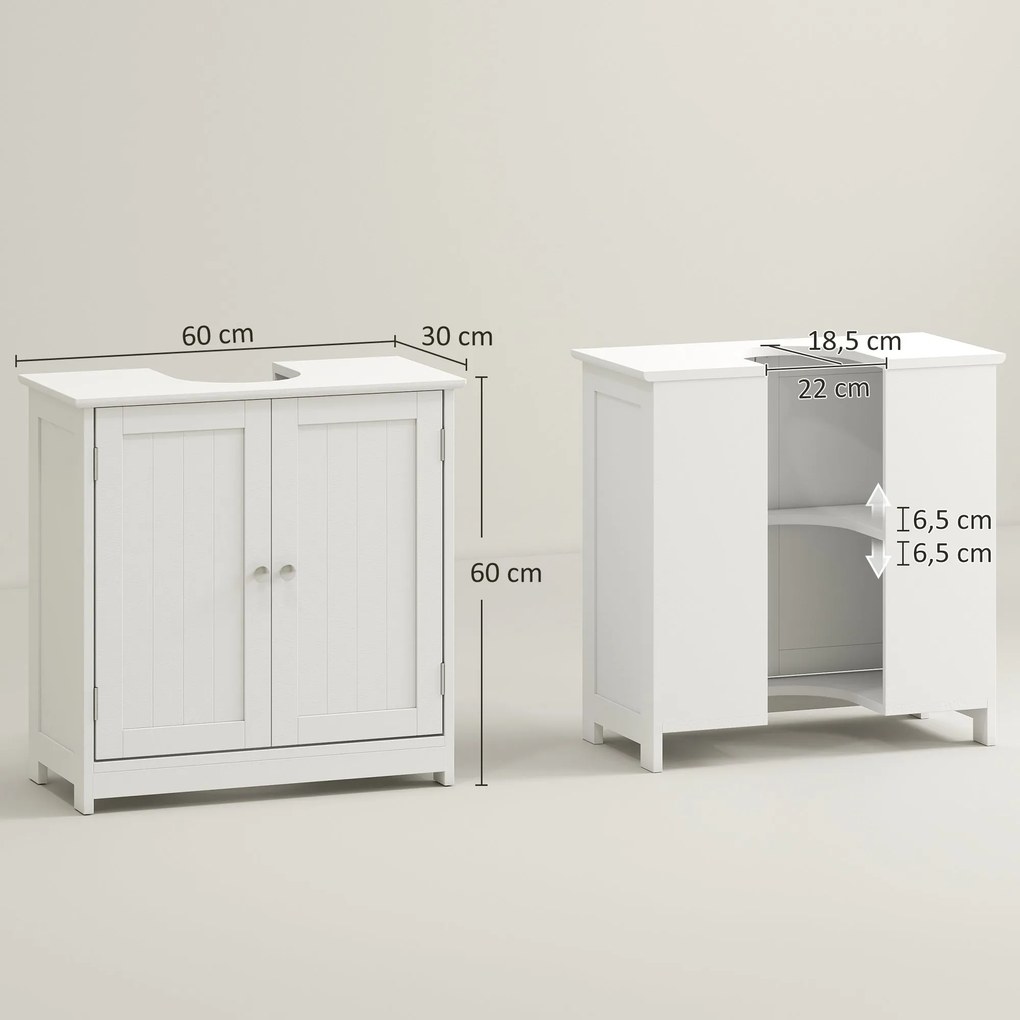 Kleankin koupelnová skříňka - skříňka pod umyvadlo - dvoudvéřová skříň s policí - 60 Š x 30 H x 60 V cm - bílý dřevo
