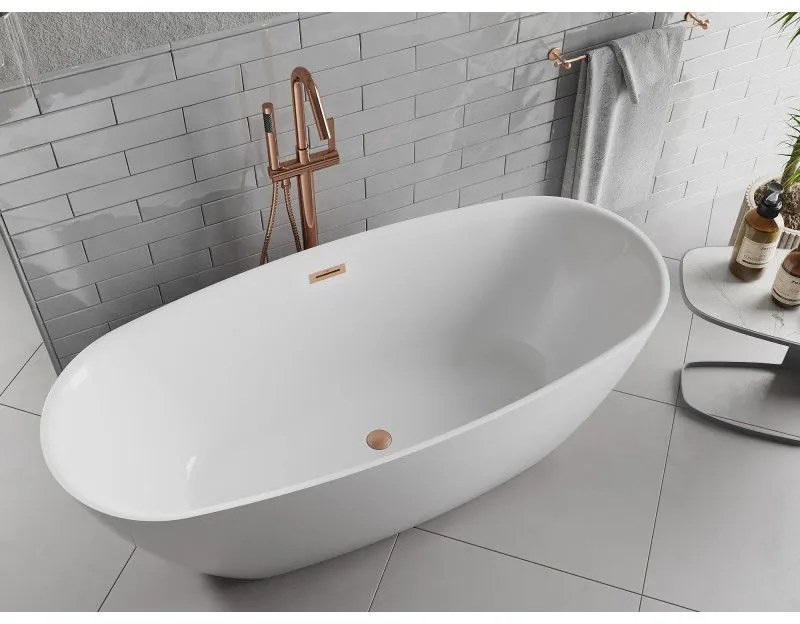 Mexen Luvo Slim, volně stojící vana 170 × 75 cm, bílá lesklá, grafitový přepad, 52801707500-66