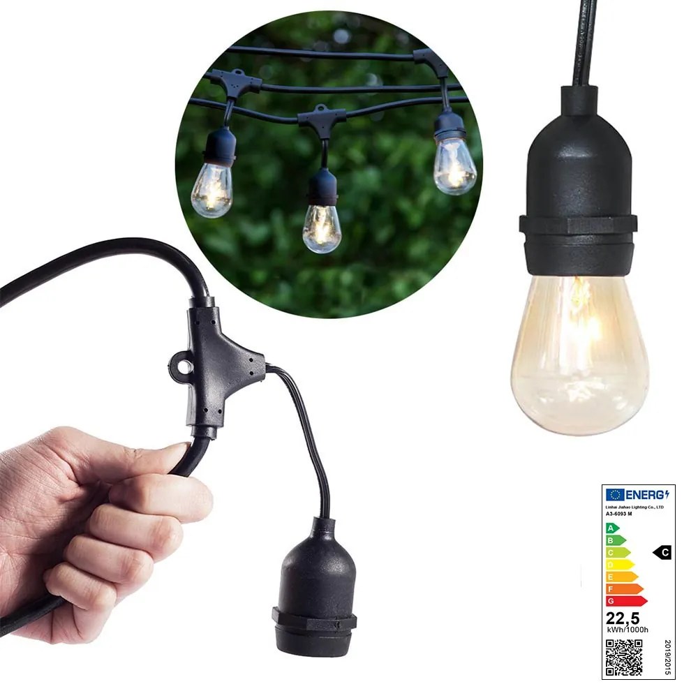 Voděodolný světelný dekorační řetěz, 15 ks E27 LED žárovek, 14,6 m, teplá bílá