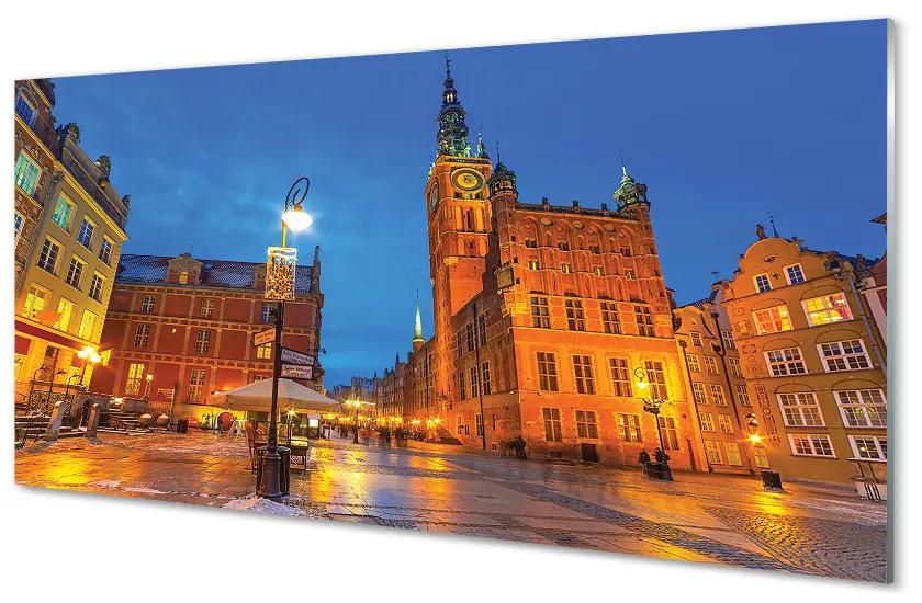 Skleněný panel Gdańsk Staré Město v noci kostel 140x70 cm