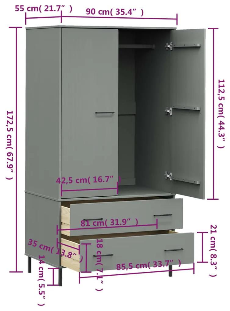 Šatní skříň s kovovými nohami šedá 90x55x172,5 cm masiv OSLO - Default Title